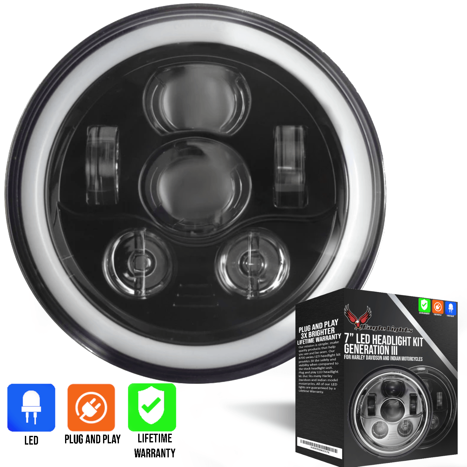 Eagle Lights 7" LED Headlight Kit with Halo Ring for Harley Davidson a