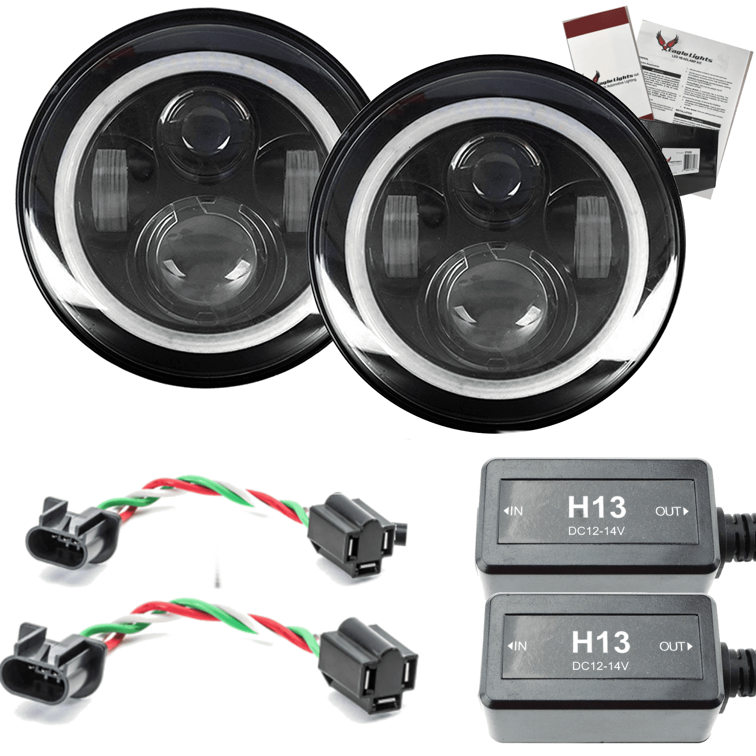 Eagle Lights 7" LED Headlight Kit for Jeeps with White LED Halo Rings